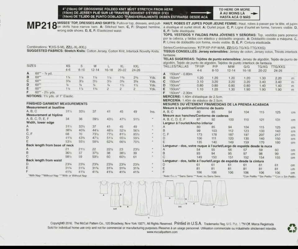 McCall's MP218 ~Misses Top ~ Dresses ~ Skirts: Sizes (Extra Small Small Med) | eBay