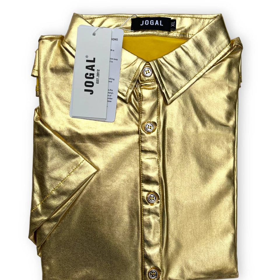 Men's LARGE Metallic GOLD SHIRT Button Down S/S Disco Nightclub Costume ...