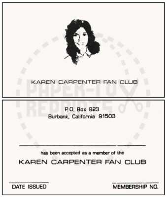 KAREN CARPENTER CLUB MEMBERSHIP CARD - VINTAGE REPRINT | eBay
