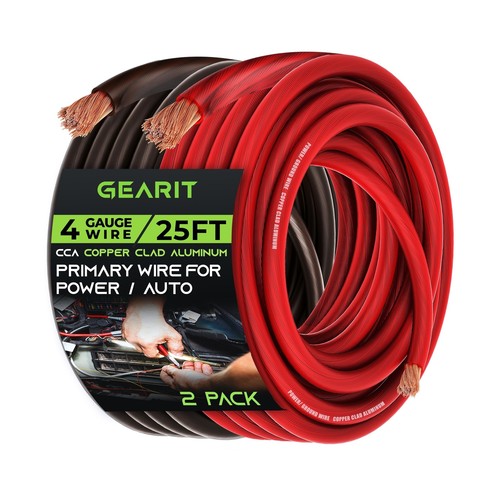 GearIT 4 Gauge Wire (25ft Each- Black/Red Translucent) Copper Clad ...