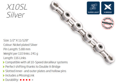 KMC X10SL 10 Speed Chain — 116 Links / Silver — AUS STOCK — Bike MTB ...