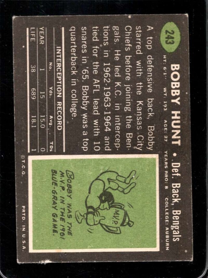 1969 TOPPS #243 BOBBY HUNT VGEX BENGALS *SBA8899 | eBay