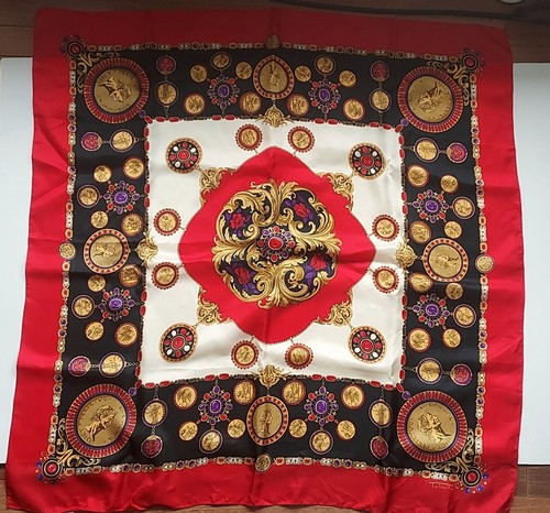 Vintage Talbots square silk scarf red black gold purple coin baroque ...