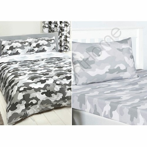 ARMY CAMOUFLAGE GREY DOUBLE DUVET COVER SET + FITTED SHEET + 4 ...