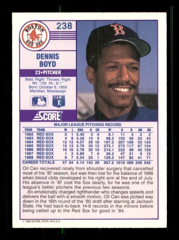 1989 Baseball 1989 Score Dennis Boyd Boston Red Sox #238 1 | eBay