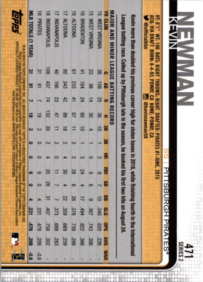 2019 Topps Factory Set All Star Game #471 Kevin Newman - NM-MT | eBay