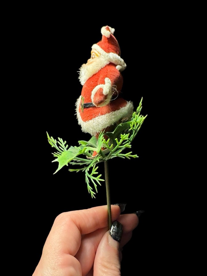 Vintage Flocked Santa On Tip Toe Christmas Floral Pick Original Tag ...
