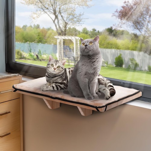 2 Cats Design Window Perch, Cat Hammock Window Seat with Natural Wood ...