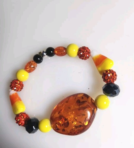new FALL candy corn HALLOWEEN HAND MADE glass BRACELET rhinestone bead ...