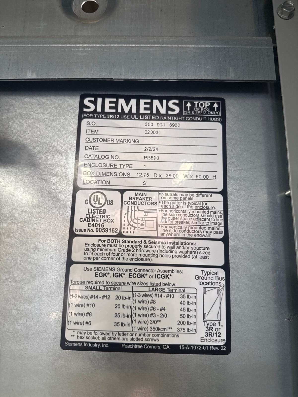 Siemens P5 Panelboard 1200A 208/120V 3PH 4W P5C90SN120EBS SHND6A120LSI ...