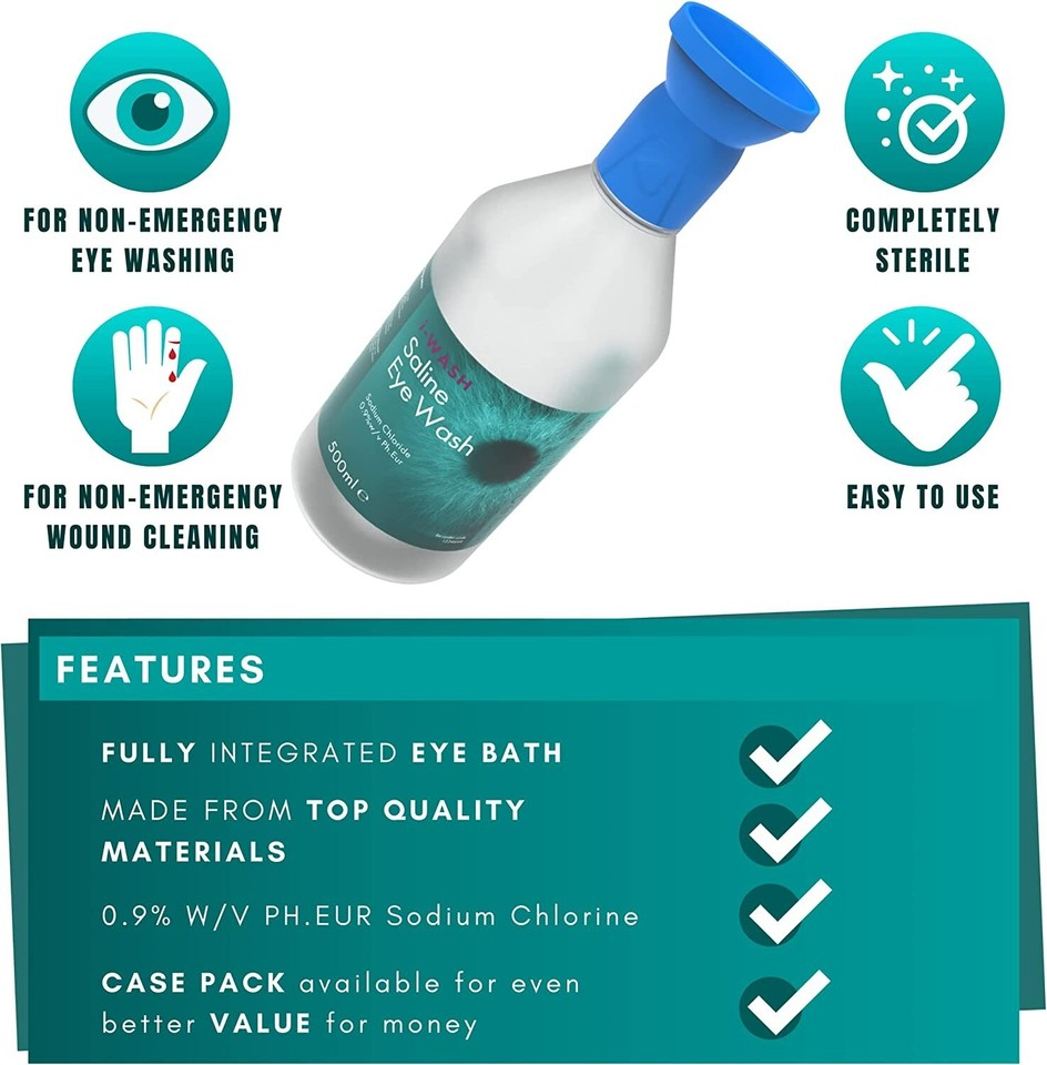 10x i-Wash Eye Wash Sterile Saline Solution Bottle w/ Eye Cup Refill ...