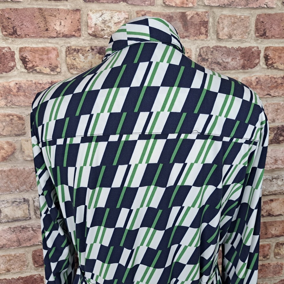 Damart Dress 14 Green Blue Striped Long Sleeve Tie Waist Flare Shirt ...