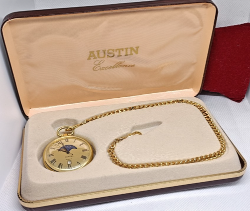 AUSTIN Mens Open Face Moon Phase Quartz Pocket Watch with Chain in ...