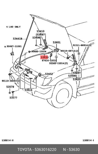Genuine OE cable assy hood lock control 5363016220 for TOYOTA 53630 ...