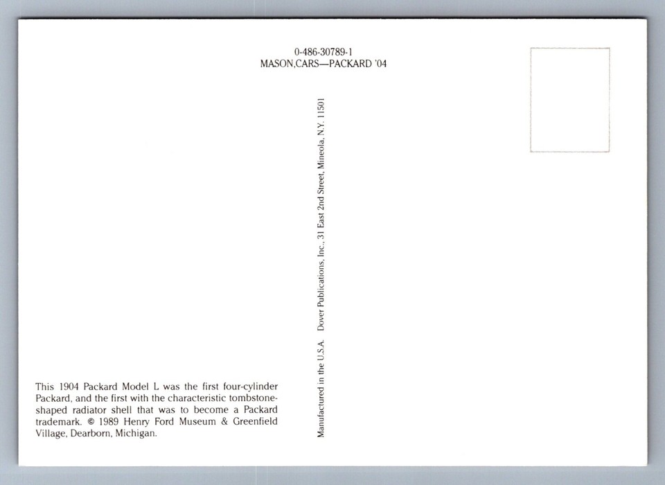 Postcard Vtg Transportation Car 1904 Packard Model L Dearborn Michigan ...