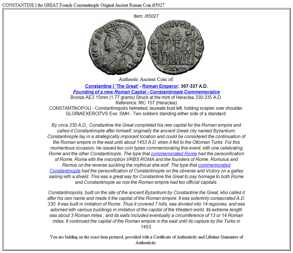 CONSTANTINE I the GREAT Founds Constantinople Original Ancient Roman ...