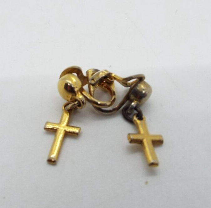 GOLD TONE METAL CROSS DROP CLIP ON EARRINGS | eBay UK