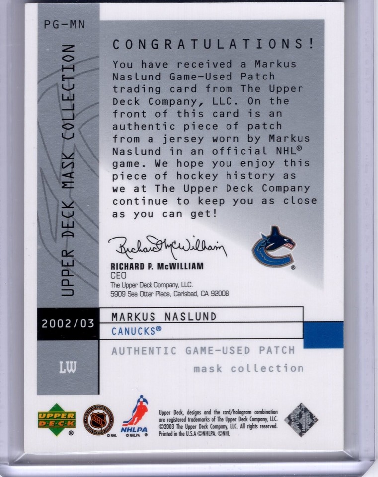2002-03 Upper Deck Mask Collection Patch - Goals #PG-MN Markus Naslund ...