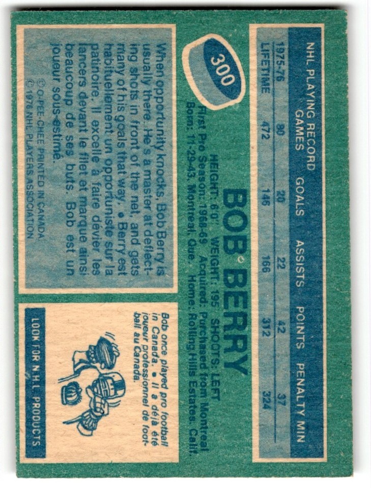 1976-77 O-Pee-Chee Bob Berry #300 Los Angeles Kings | eBay