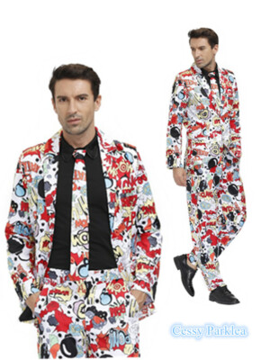 W-R33 Mens Stage Funny STAG Stand Out Suits Art Graffiti Doodle Mardi ...