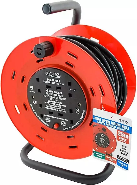 4 WAY 5M/10M/25M CABLE EXTENSION REEL LEAD MAINS SOCKET HEAVY DUTY ...
