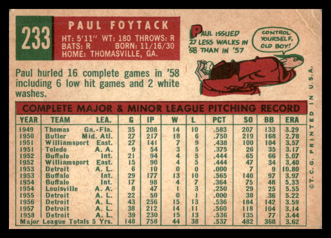 1959 Topps Paul Foytack #233 Detroit Tigers Baseball Card | eBay