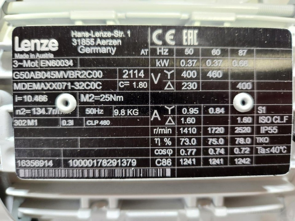 Lenze Gear motor 3 mot en60034 gkr03-2m vbr 063c32 Motor:MDEMAXX 063-32 ...