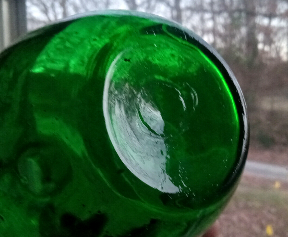 GREEN PONTILED FREE BLOWN GLASS JUG W/APPLIED HANDLE DELL CO BRIDGETON ...