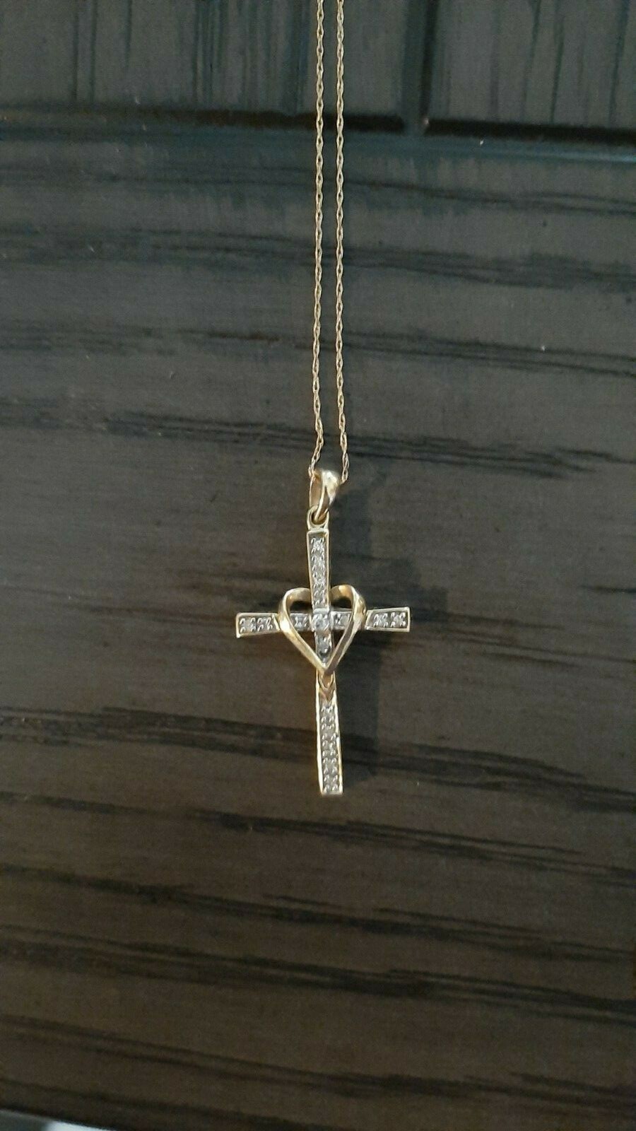 Cross w/ heart around it on necklace, 10k gold, 1/10 … - Gem