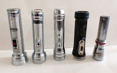 Set of 5, vintage "D" cell Flashlights: Bond, Eveready, Serv-a-lite ...
