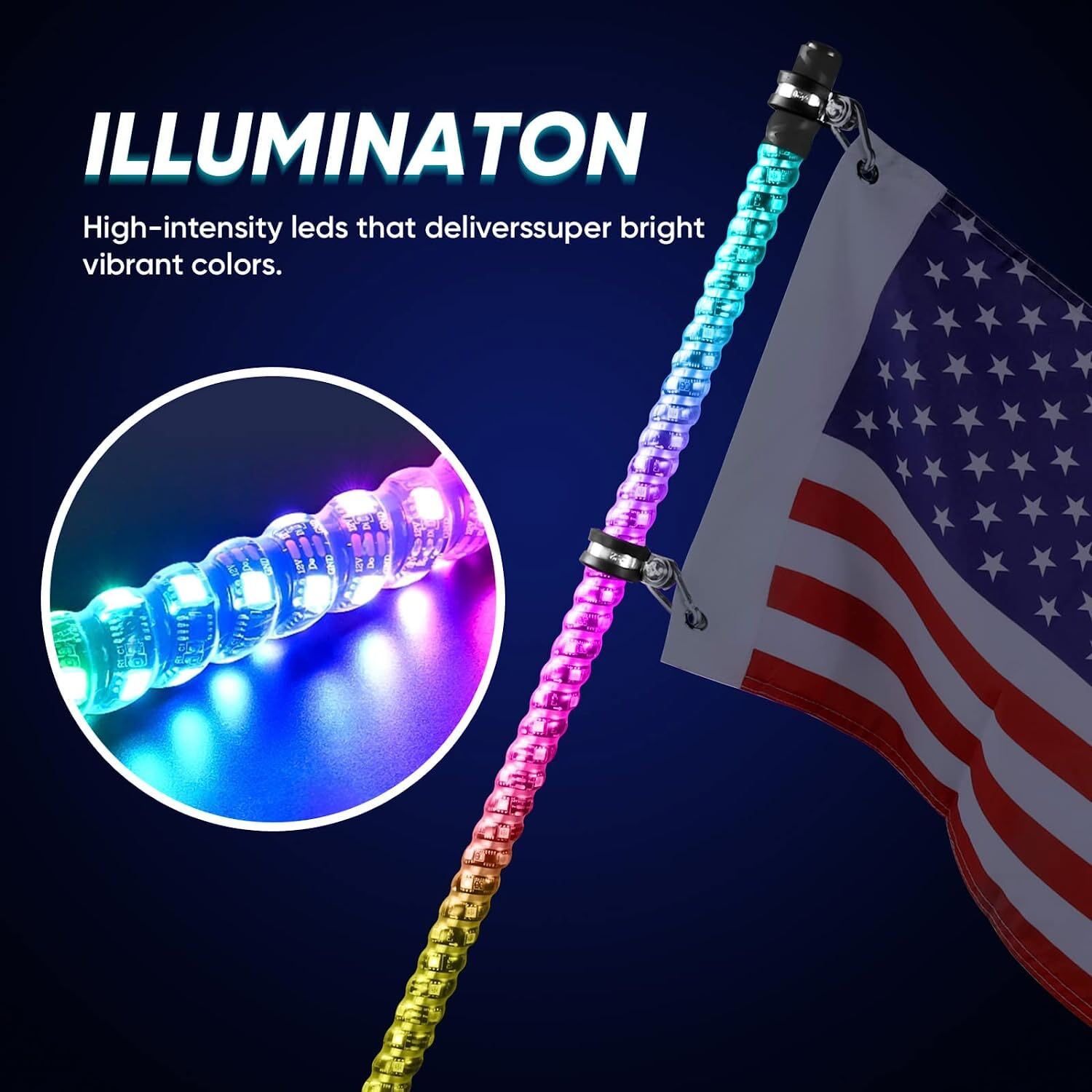2PCS 4ft Spiral LED Whip Light Antenna For ATV Polaris RZR 4Wheeler RGB ...