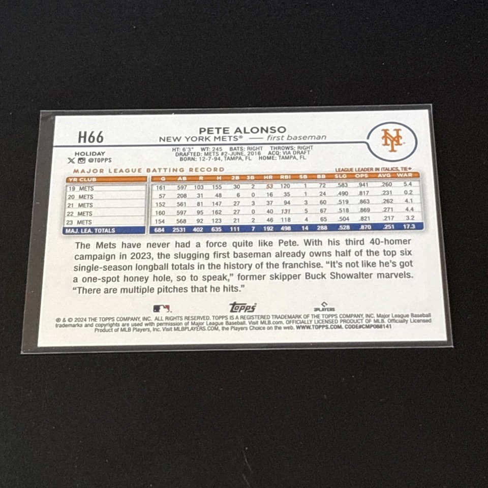 Pete Alonso 2024 Topps Holiday Silver Glitter Parallel #H66 New York ...