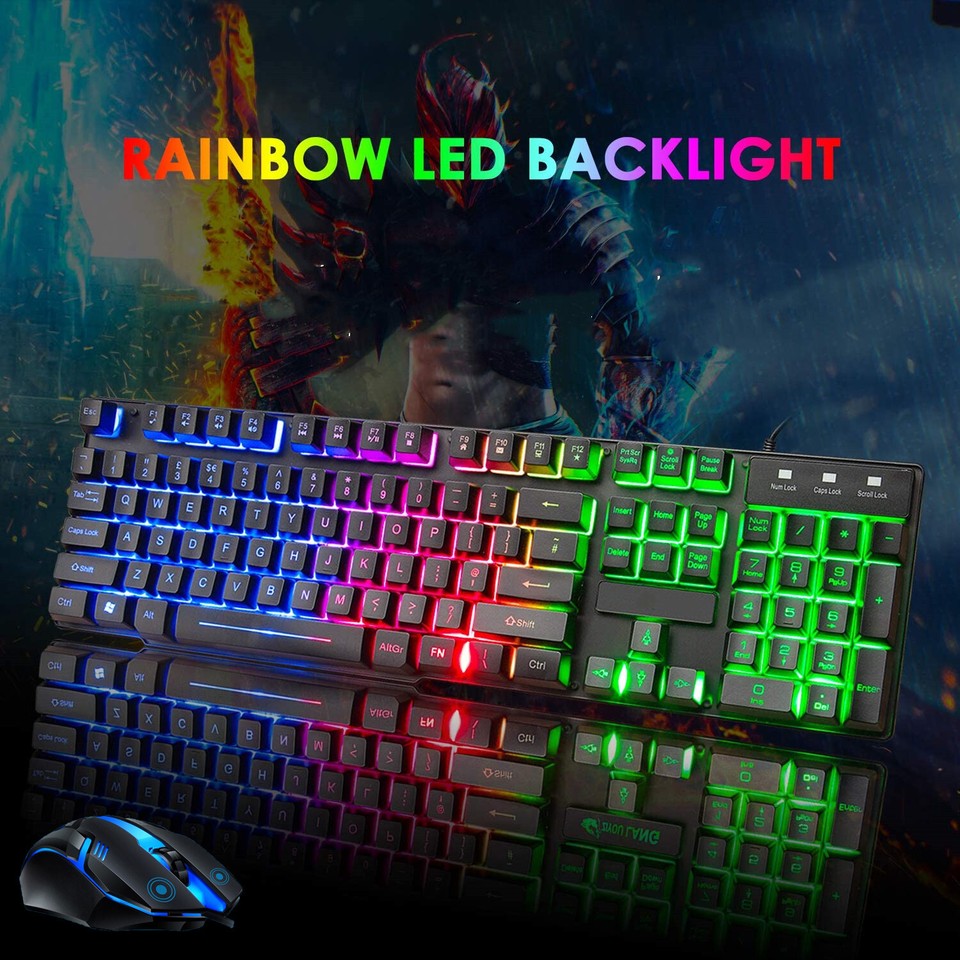 Gaming Keyboard Mouse Set USB Rainbow RGB LED Wired For PC Laptop PS5 ...