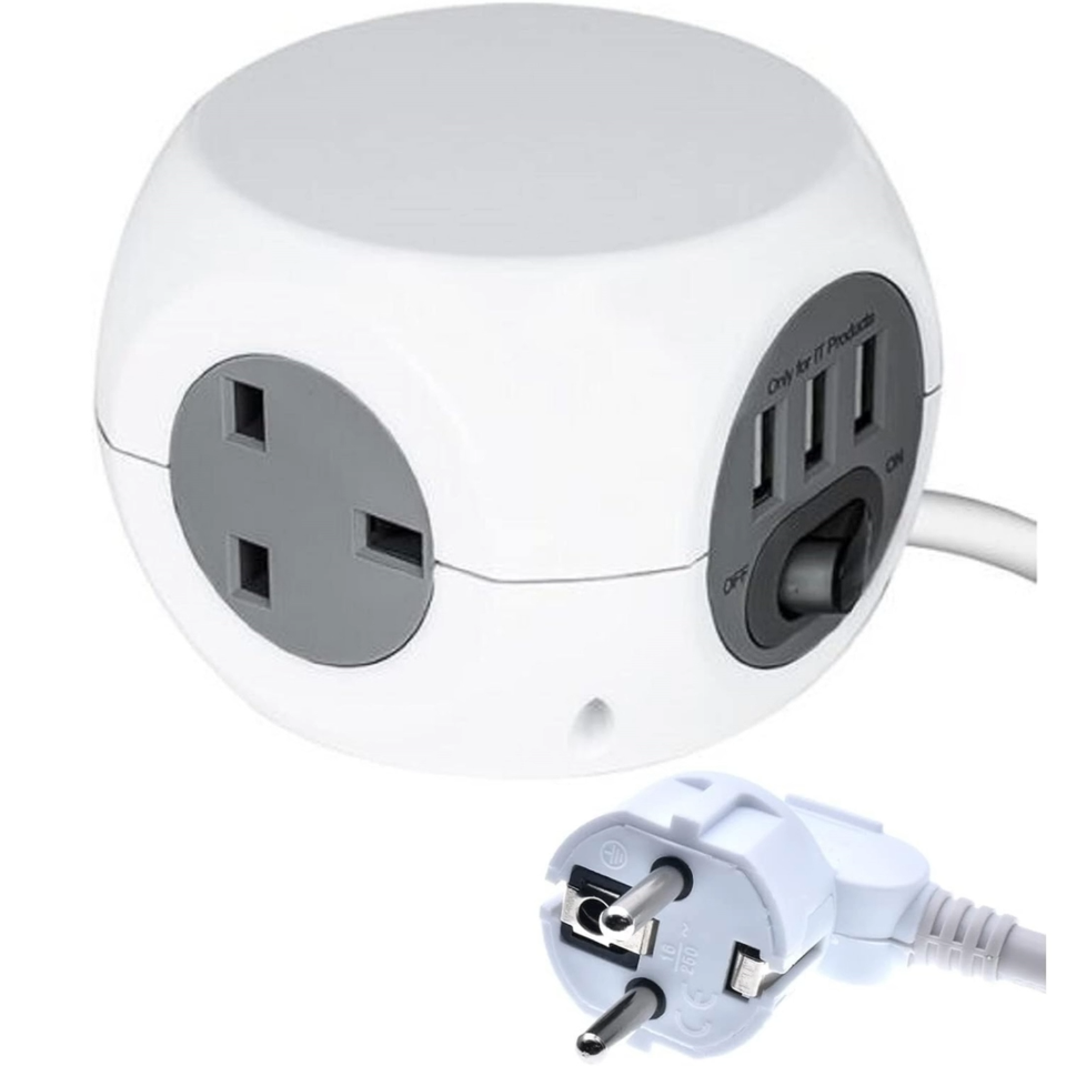 Travel Adaptor Extension Lead UK to EU Europe Spain France Adapter USB ...