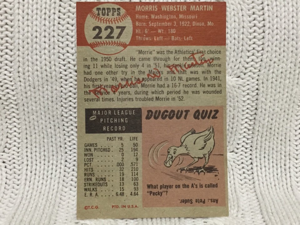 1953 Topps #227 Morris Martin Philadelphia Athletics Pitcher | eBay