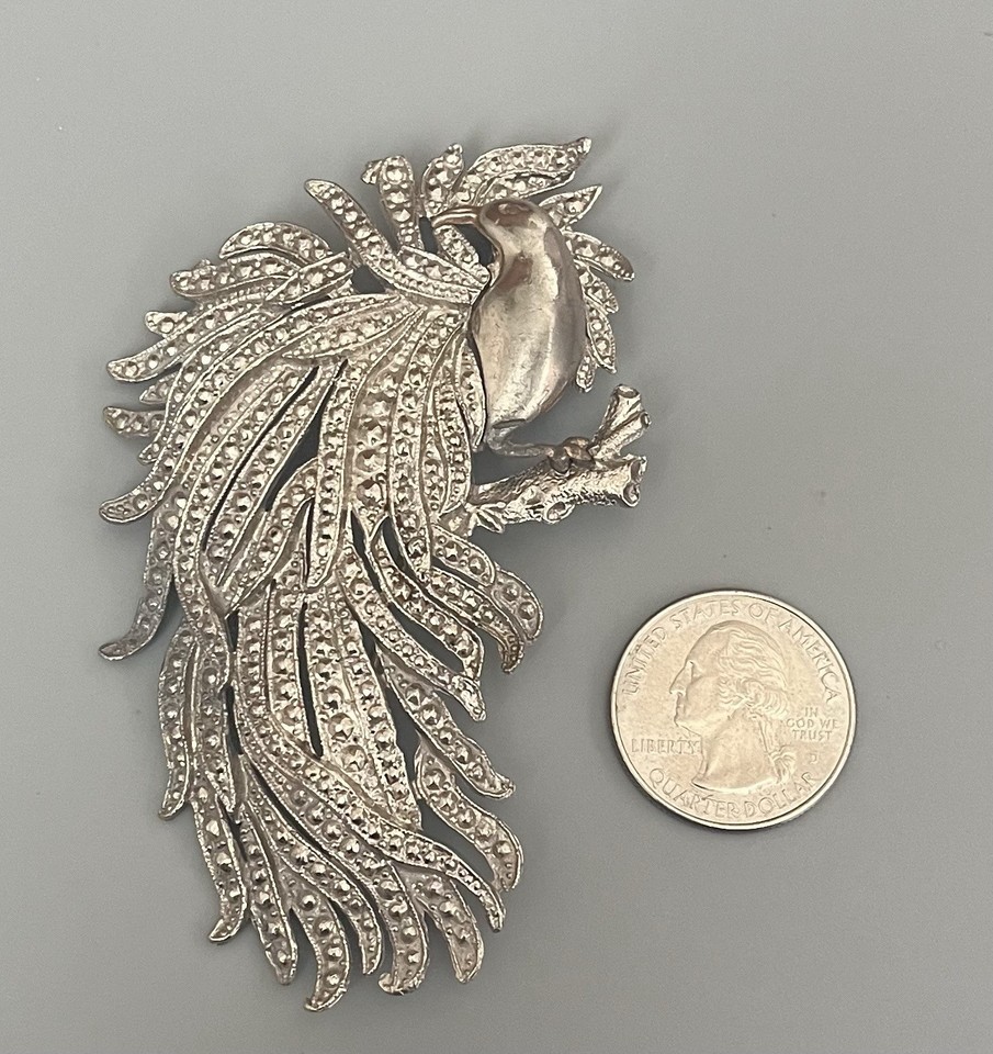 VTG Cut Silver Tone Pot Metal-Exotic Peacock-Phoenix Bird Brooch Large ...