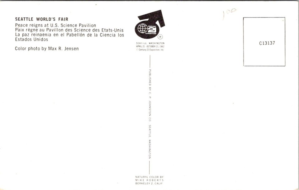 1962 World's Fair Peace Science Exhibit Seattle Washington Postcard B44 ...