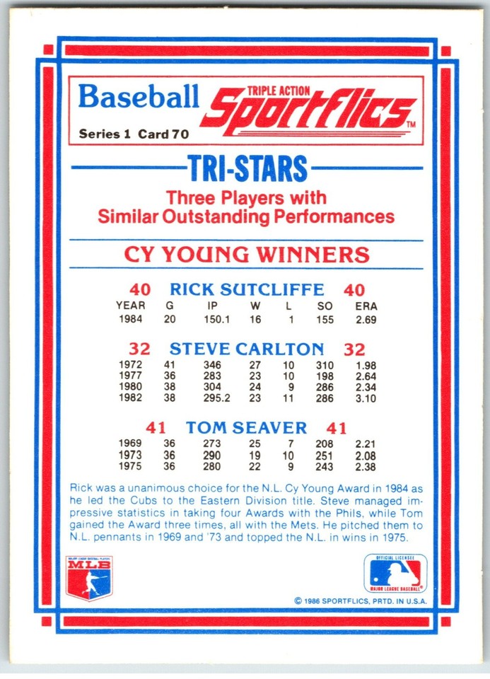 #70 Cy Young Winners Steve Carlton / Tom Seaver / Rick Sutcliff 1986 ...