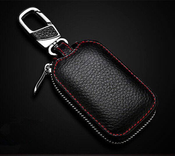 Black Car Key Chain Bag Genuine Leather Key Holder Cover Remote Fob ...