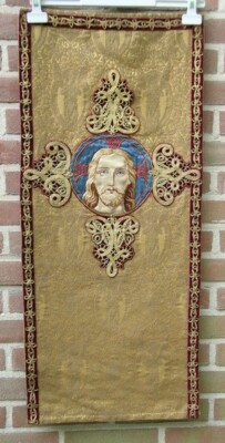 Antique goldthread/brocade banner with applique embroidered Jesus | eBay
