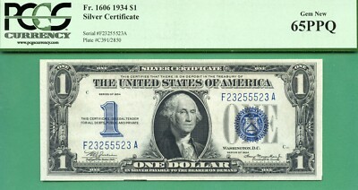 FANCY SERIAL NUMBER - F 23255523 A - 1934 $1 SC - Fr 1606 - PCGS GEM 65 ...