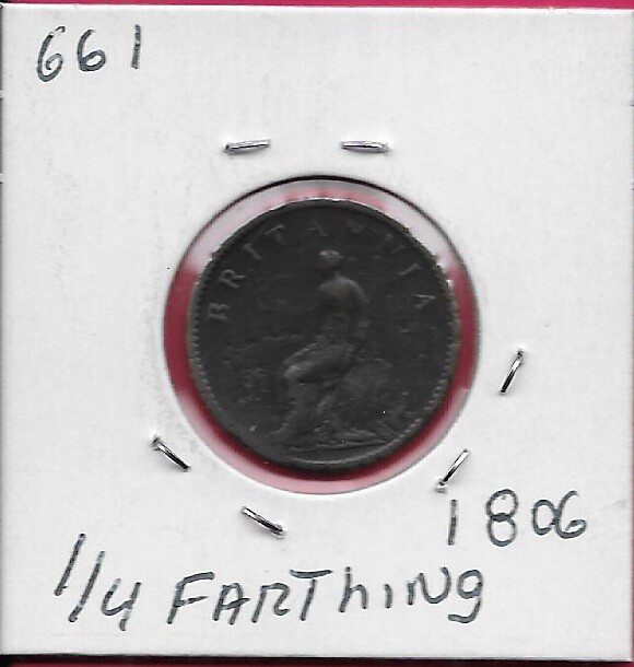 GREAT BRITAIN FARTHING 1806 RULER:GEORGE III,LAUREATE HEAD LEFT,LEGEND ...