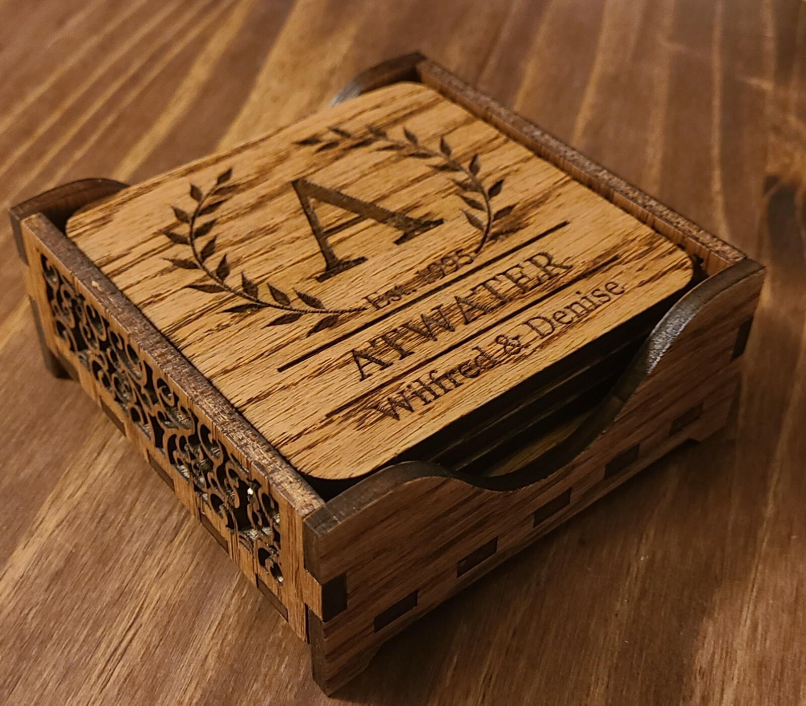 Laser Engraved Monogrammed Coaster Set With Custom Holder | eBay
