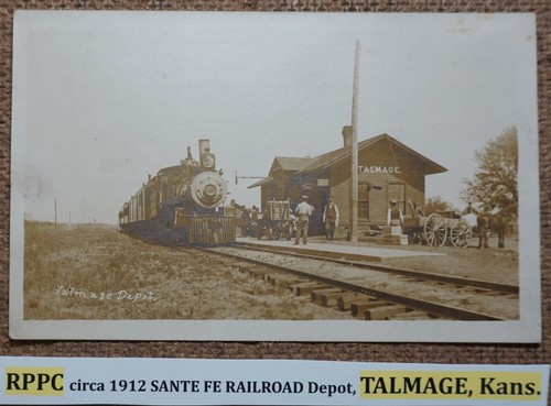 RPPC circa 1912 SANTE FE RAILROAD Depot, TALMAGE, Kans. Postcard REAL ...