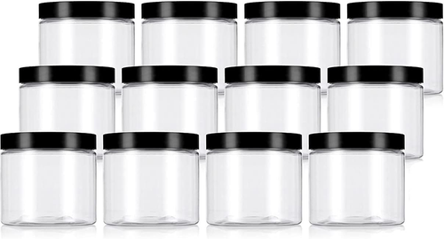 16 Oz Clear PET Plastic Refillable Jar with Black Smooth Lid (12 Pack ...