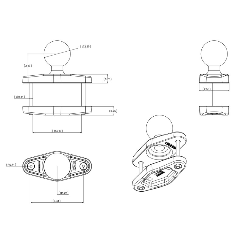 RAM-D-247U-4 RAM Square Post Clamp Base Fits up to 4" Wide w/ D Size 2. ...