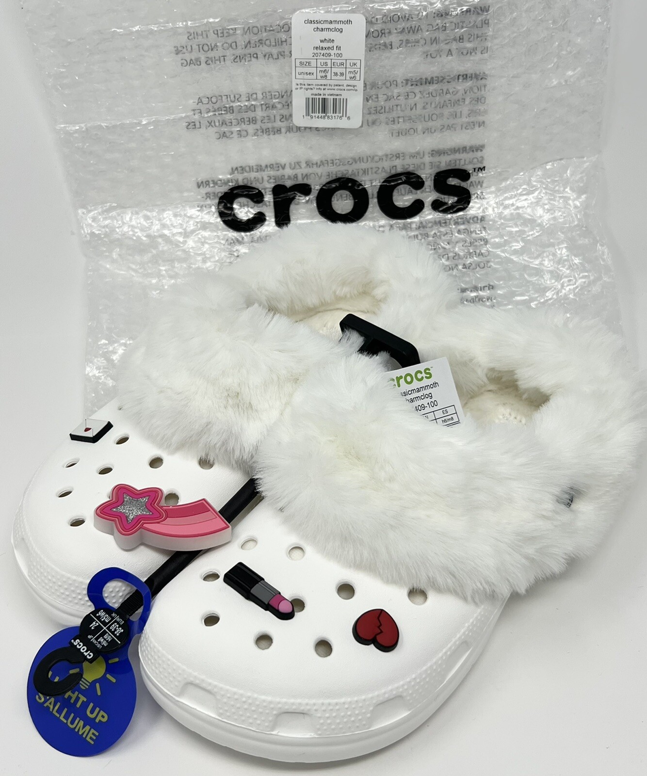Crocs Unisex Fur Classic Mammoth Charm Clogs White size US W9/M7 for ...