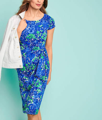 TALBOTS CAP SLEEVE SPRING GARDEN PRINTED SIDE TIE JERSEY SHIFT DRESS ...