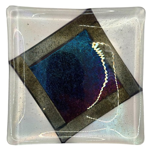 Studio Fused Art Glass Decorative Plate Iridescent Dichroic Square 7.25 ...