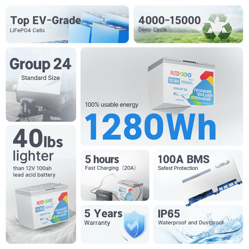 Redodo 12V 100Ah Group 24 LiFePO4 Lithium Battery 100A BMS Grade A ...